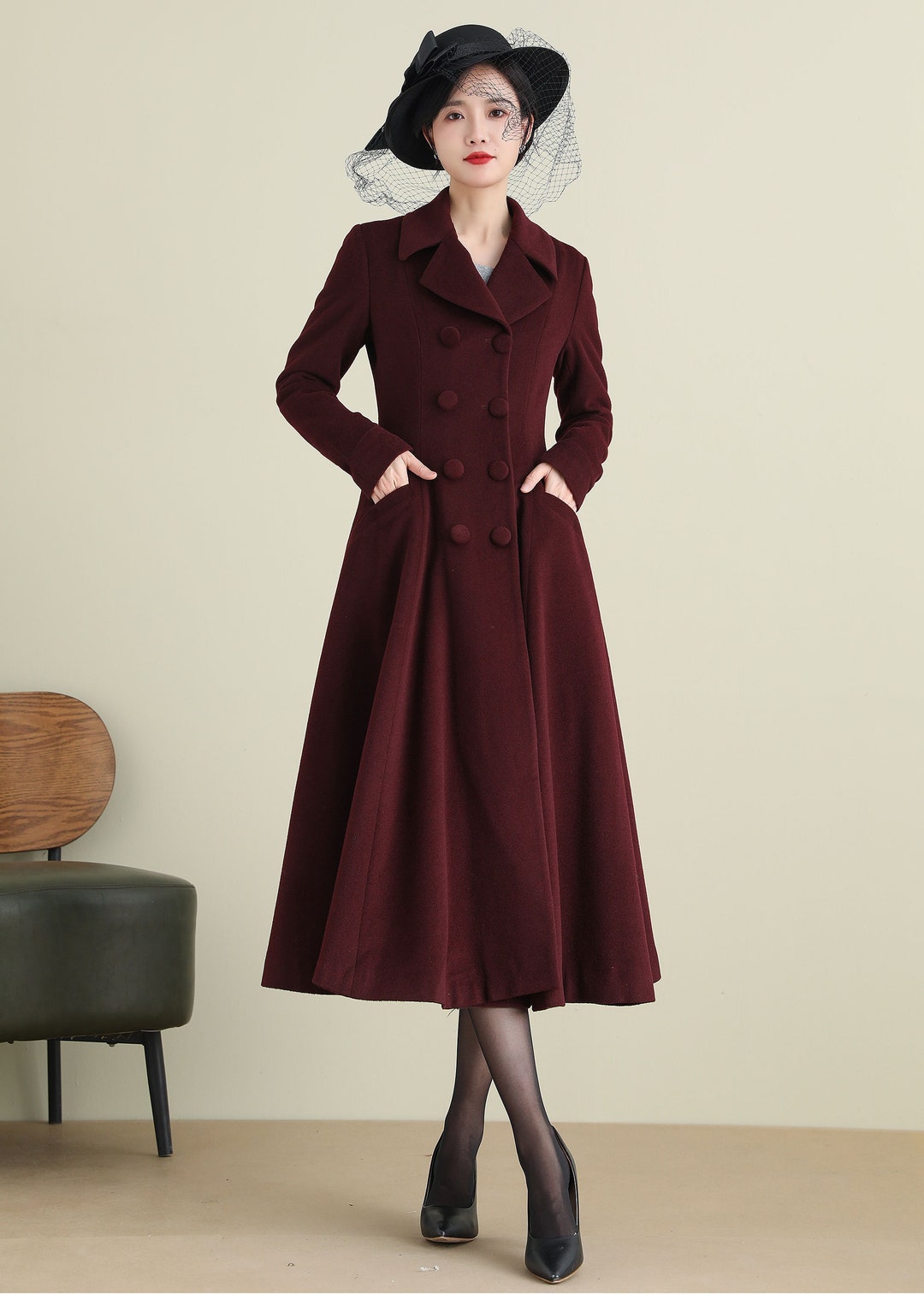 Wool Coat, Wine Red Wool Coat, Women Long Wool Coat, Wool Swing Coat ...