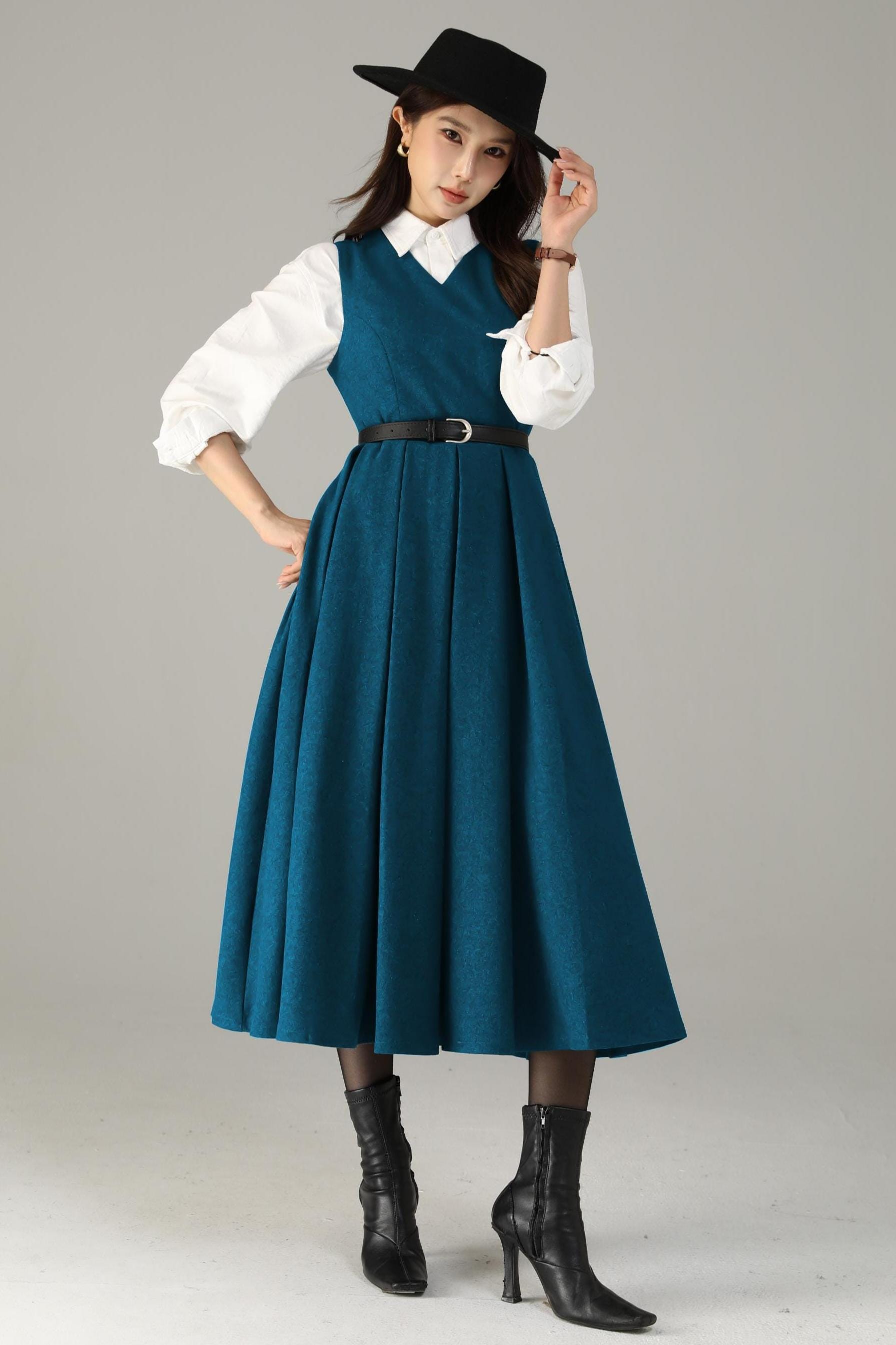 Grey Wool Midi Pinafore Dress: Vintage Style Pleated Jumper, Sleeveless ...