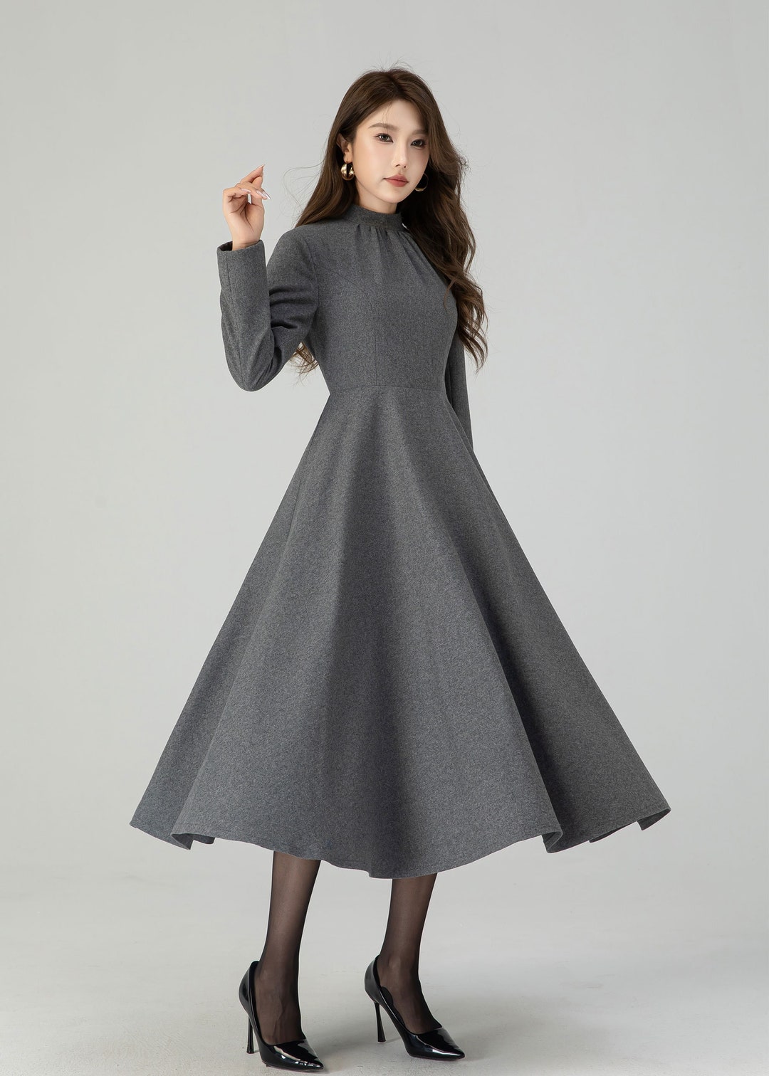 Midi Wool Dress, Retro Swing Wool Dress, Gray Long Wool Dress, Womens ...