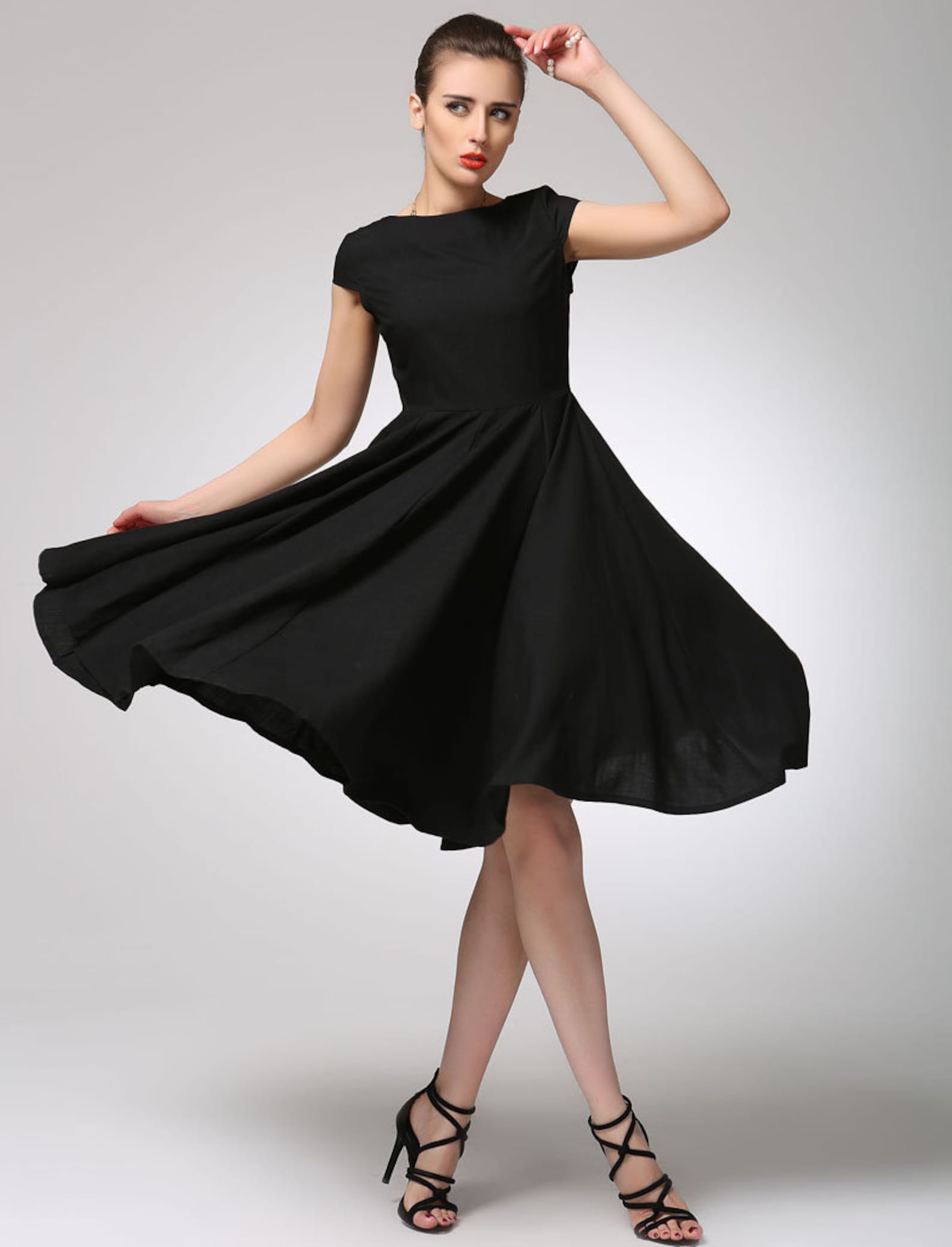 Little Black Dress, Knee Length Swing Dress, Cap Sleeve Modest Party ...