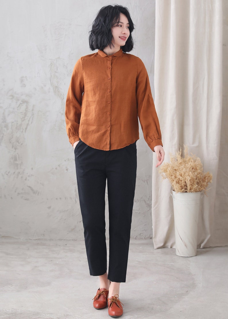 Orange Linen Shirt, Long Sleeve Linen Shirt, Linen Blouse, Women's ...