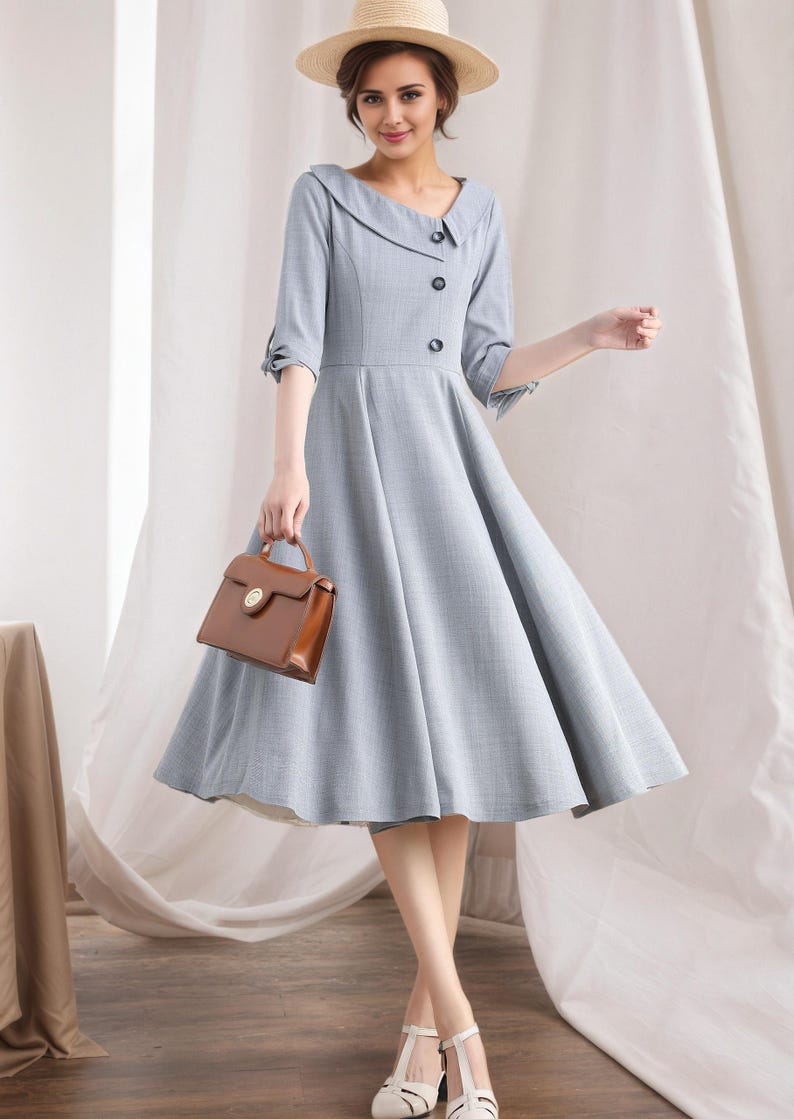 Gray Linen Cocktail Dress, Swing Midi Dress, Fit & Flare Dress, 50s ...