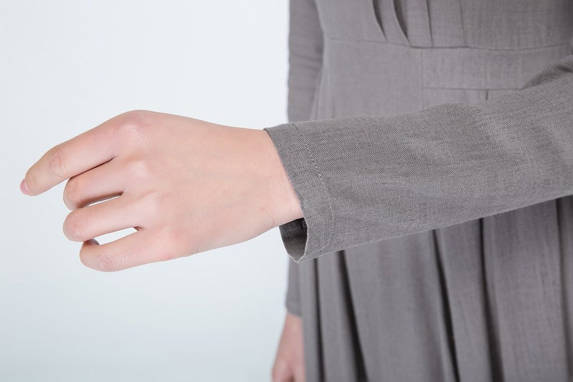 Gray Dress Women Crew Neck Linen Dress Long Sleeve Linen Etsy
