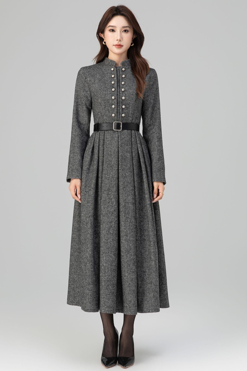 Gray Wool Midi Dress: Long Sleeve Pleated Swing Dress, Autumn Winter ...