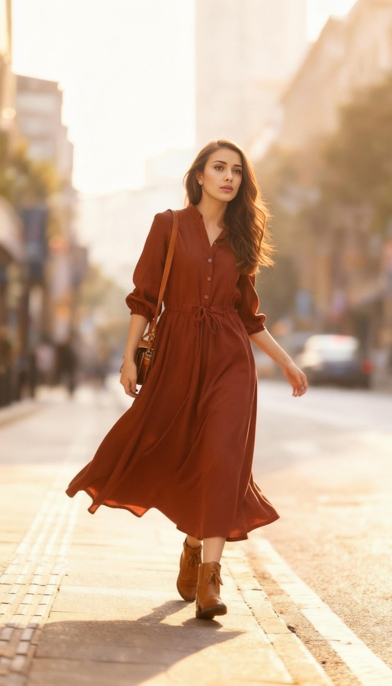 Rust Red Linen Shirt Dress, Casual Linen Maxi Dress With Drawstring ...