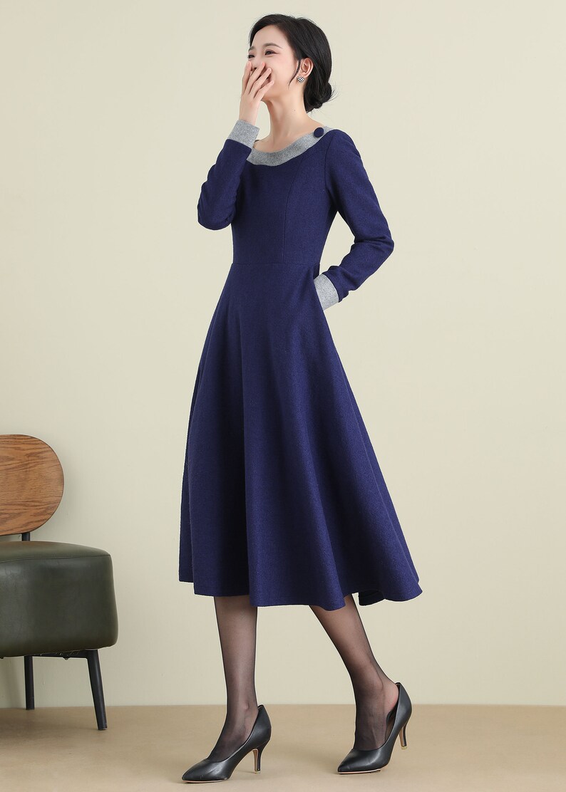 Wool Dress, Blue Wool Dress, Midi Dress, A-line Dress, Autumn Winter ...