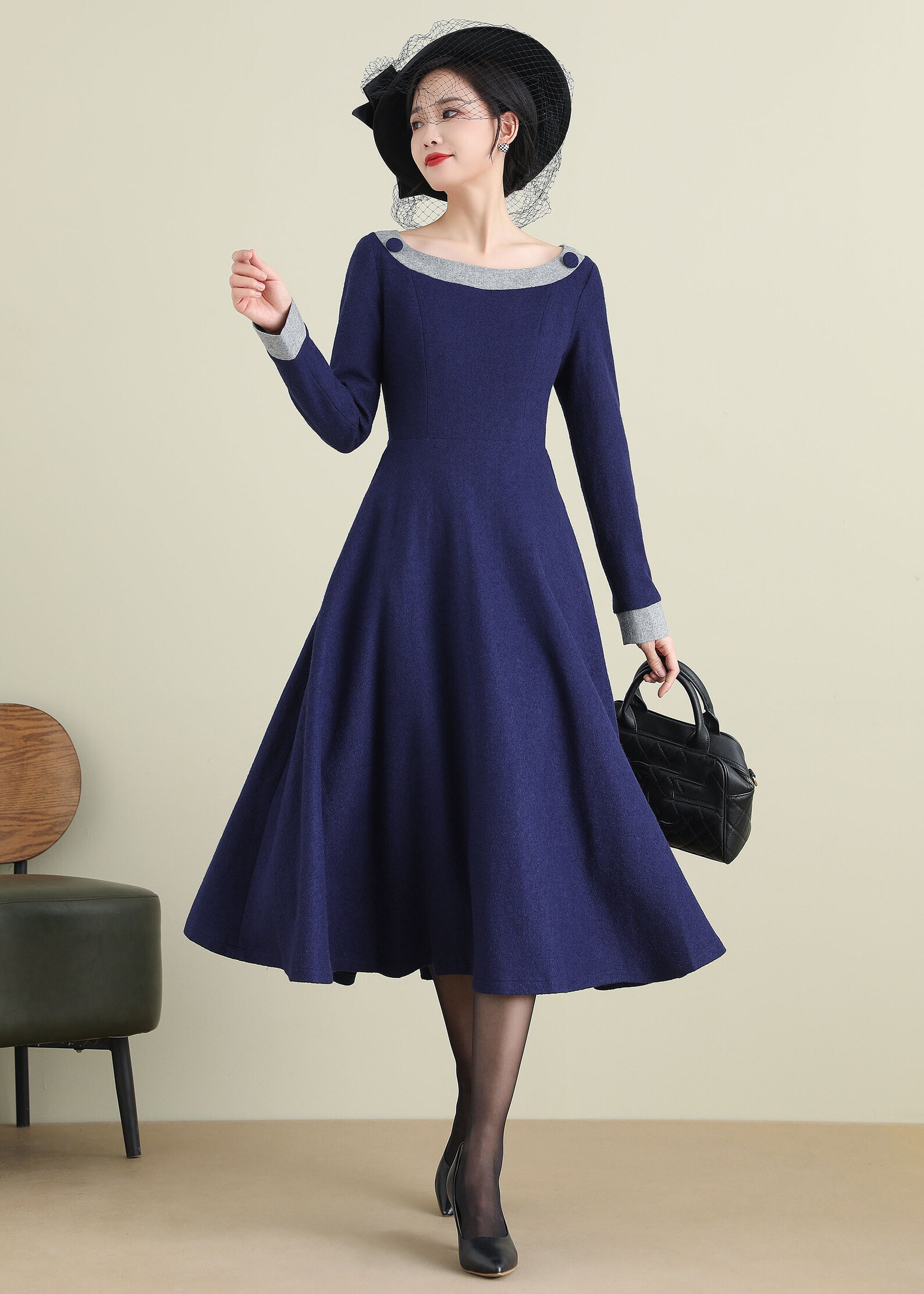 Wool Dress, Blue Wool Dress, Midi Dress, A-line Dress, Autumn Winter ...