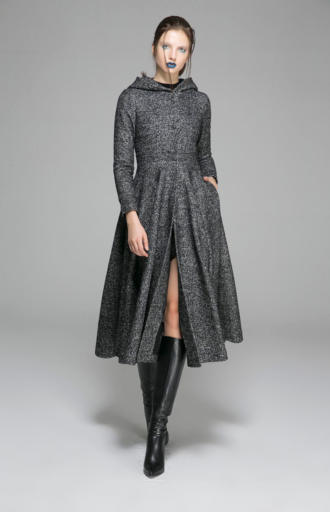 Maxi Wool Coat Hooded Swing Coat Gray Coat Women Coat Etsy Denmark