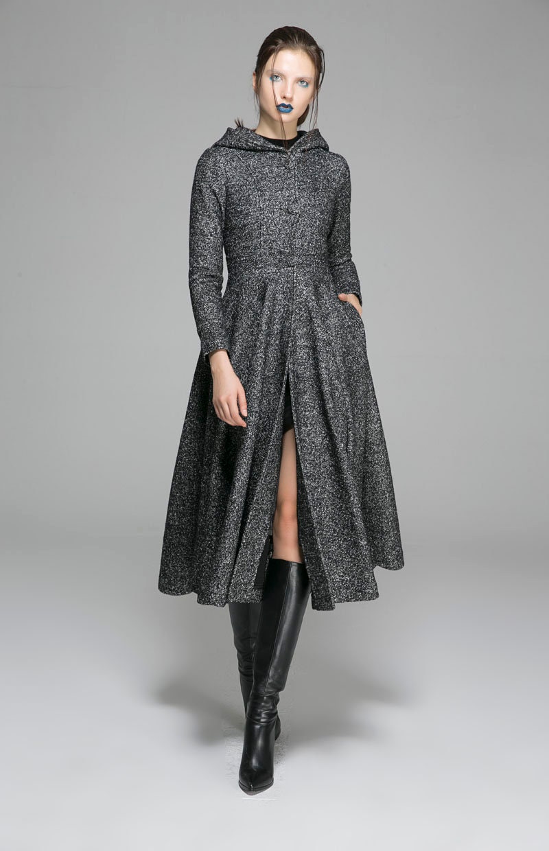 Maxi Wool Coat Hooded Swing Coat Gray Coat Women Coat | Etsy