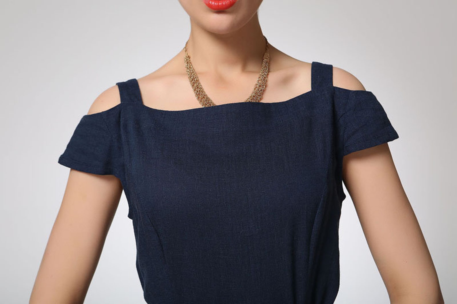Vintage Fit And Flare Midi Dress Off Shoulder Dress Navy Blue Etsy