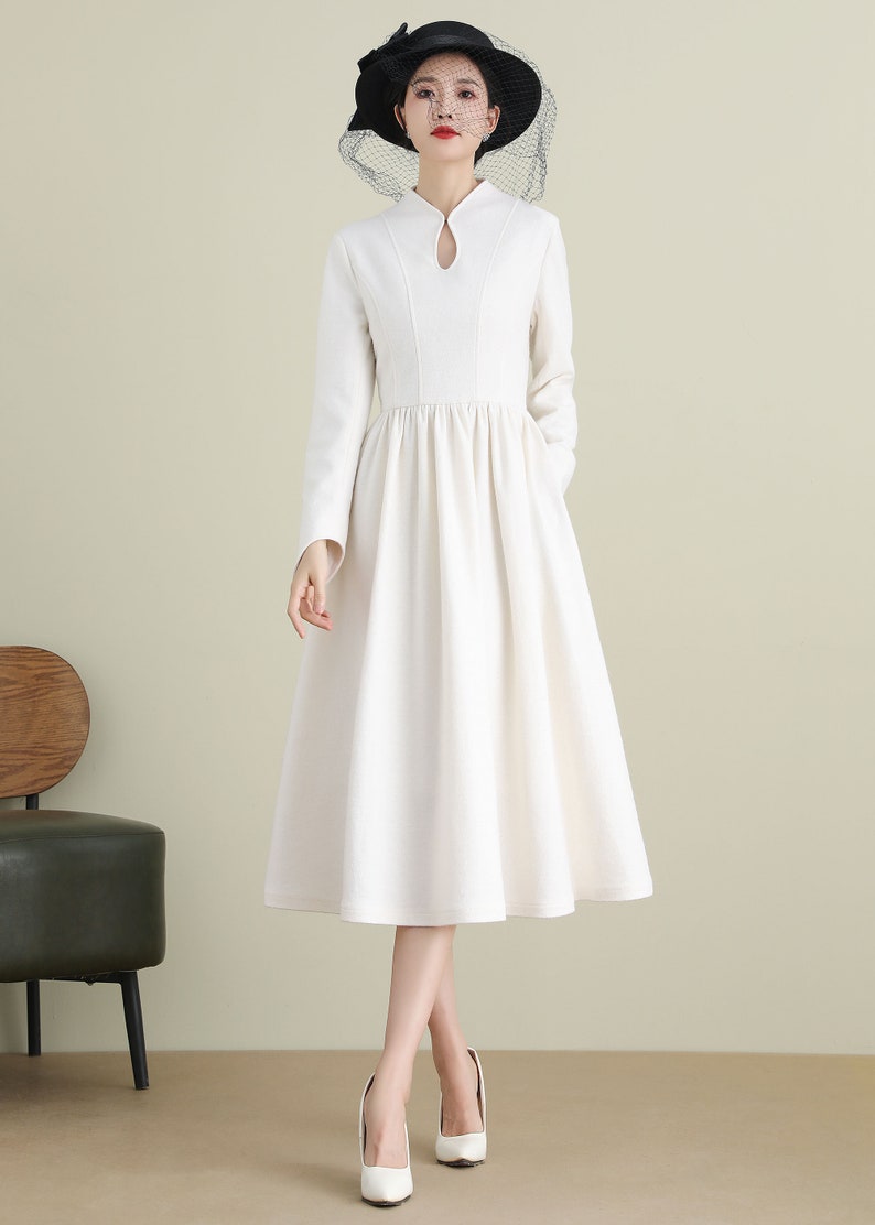 White Wool Dress, Wool Midi Dress, A-line Wool Dress, Wedding Guest ...
