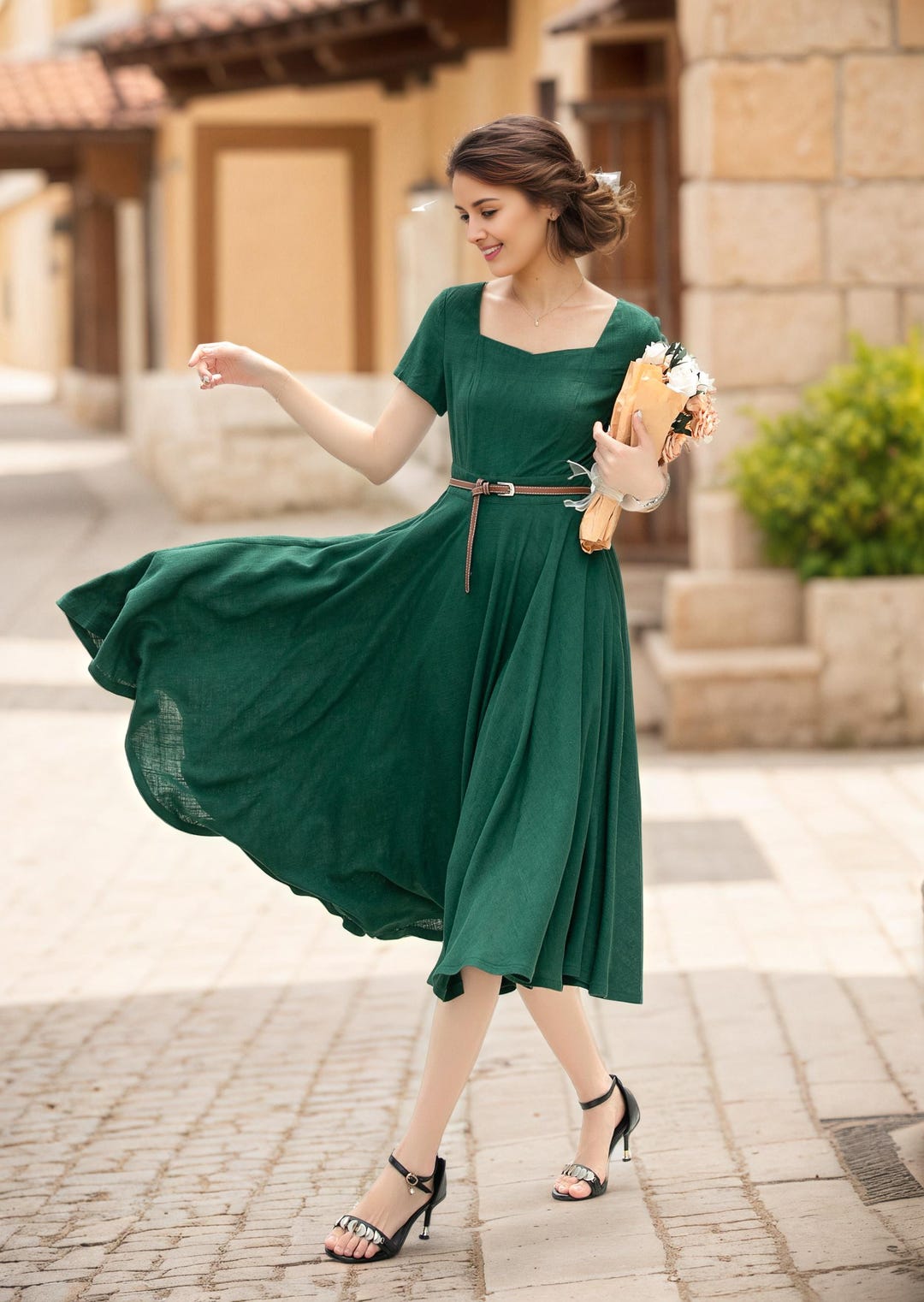 Family Gathering Dress, Linen Green Midi Women Dress, A-line Summer ...