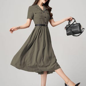 Military-inspired Dress, Army Green Midi Shirt Dress, Womens Button up ...