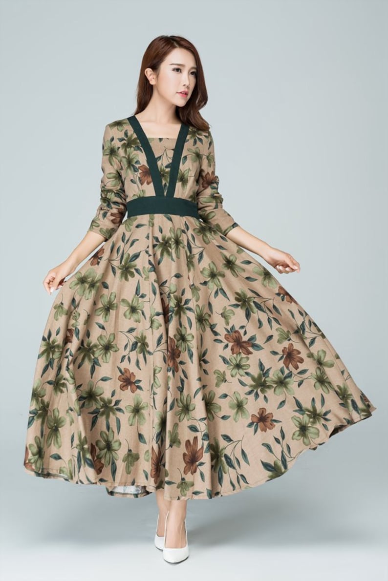 Buy Vintage Floral Print Linen Dress, Long Sleeves Linen Dress, Long ...