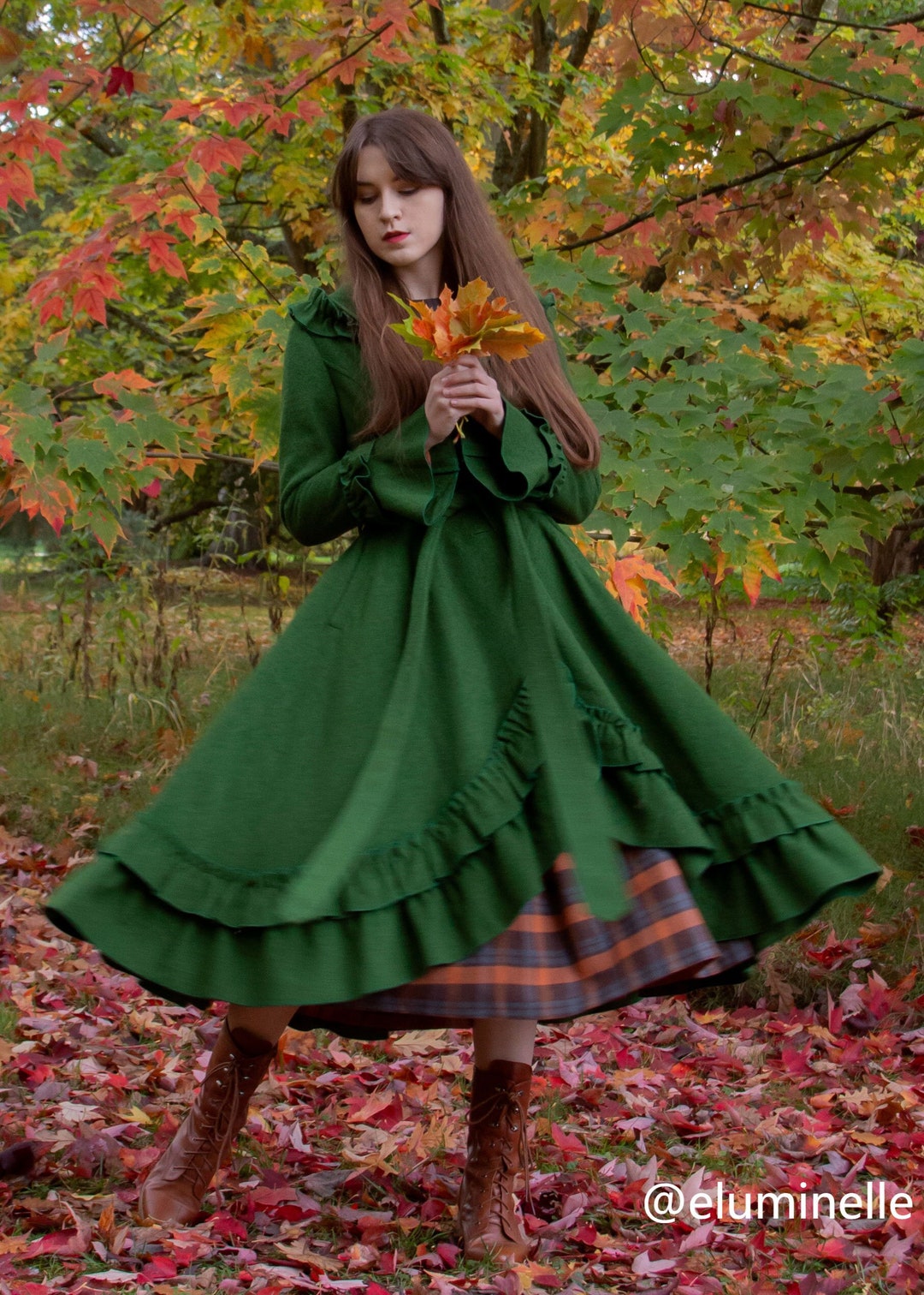 Green Hooded Wool Coat Wool Dress Coat Swing Princess Wool Coat Wool