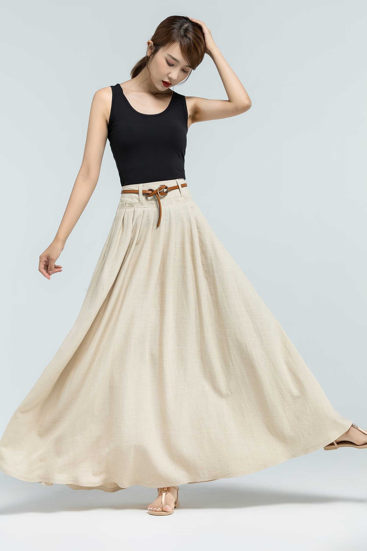 Casual Linen Maxi Skirt Outfit for Summer, Pleated Swing Maxi Linen ...