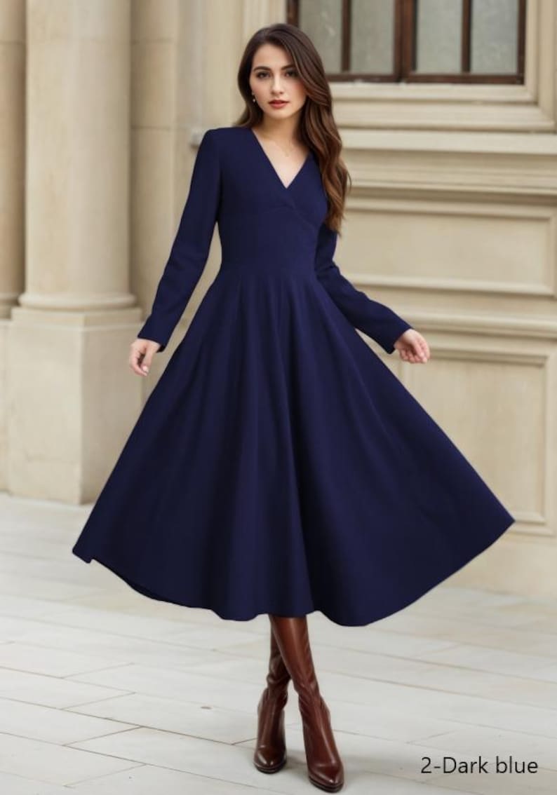 Wool Dress, Red Midi Wool Dress, Swing Wool Dress, A Line Wool Dress, V ...