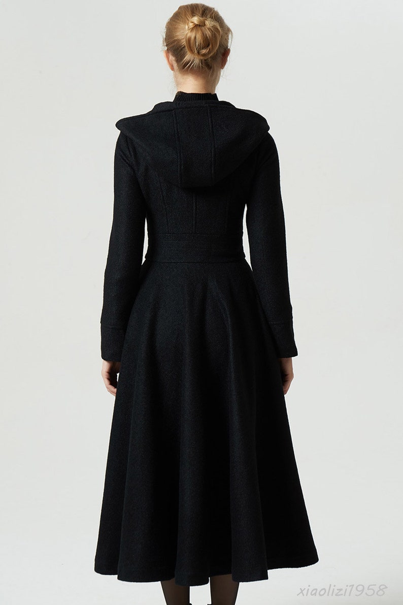 Long Wool Maxi Coat Black Wool Coat Women Swing Wool Hooded - Etsy
