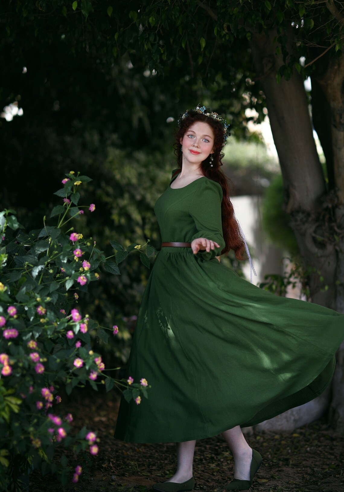 Long Sleeve Cottagecore Dress, Women Vintage Inspired Green Linen Dress ...