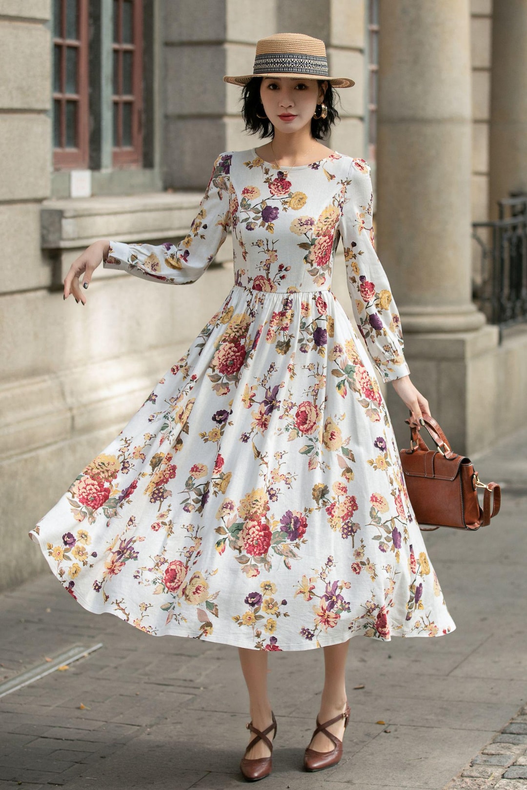 Family Gathering Dress, Floral Linen Midi Dress, Spring Long Sleeve ...