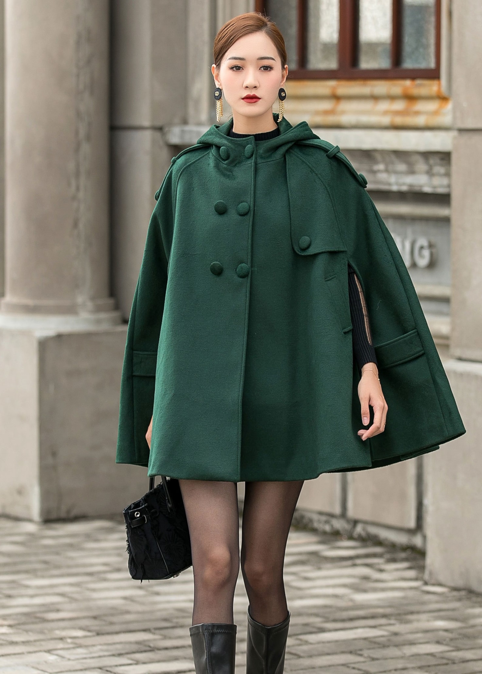 Green Hooded Wool Cape Coat Women, Winter Wool Cloak Coat With Hood ...
