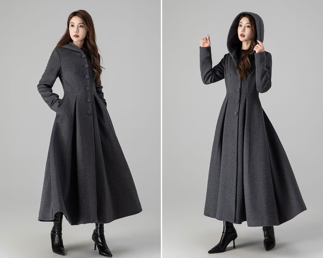 Dark Gray Wool Coat, Long Swing Wool Coat, Hooded Wool Coat, Single ...