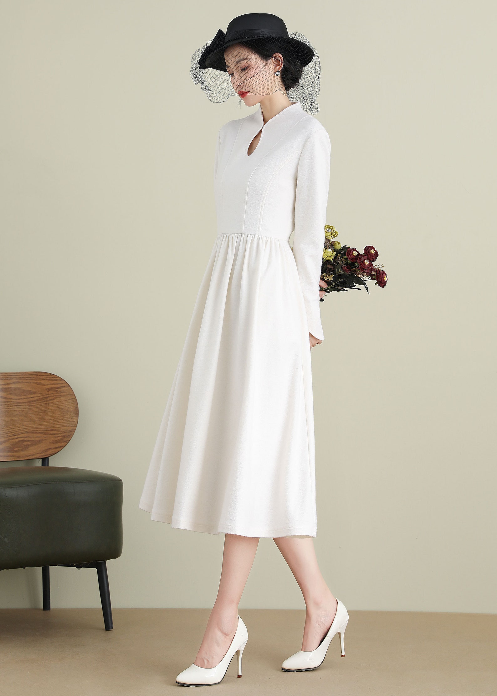 White Wool Dress, Wool Midi Dress, A-line Wool Dress, Wedding Guest ...
