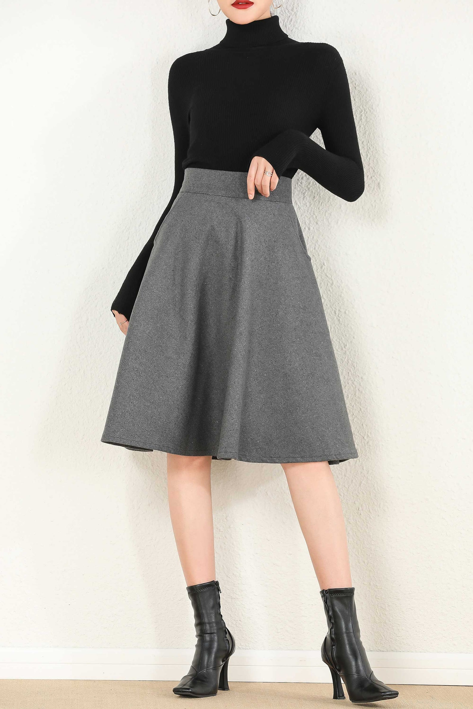 Short A Line Wool Skirt in Gray, High Waist Skirt, Midi Skirt, Winter ...