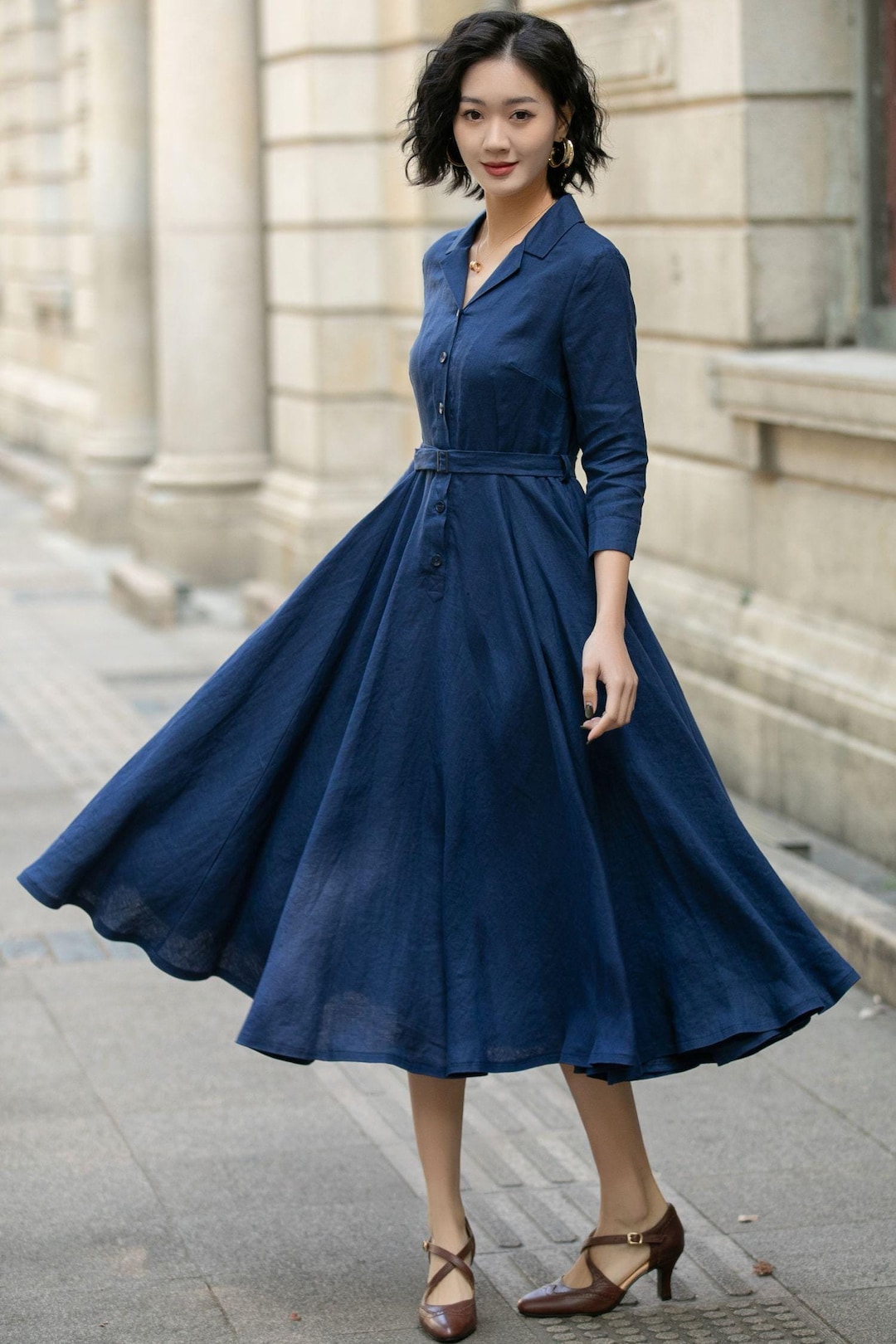 Shirt Linen Dress Women, Navy Dress, Spring Linen Dress, Midi Dress ...