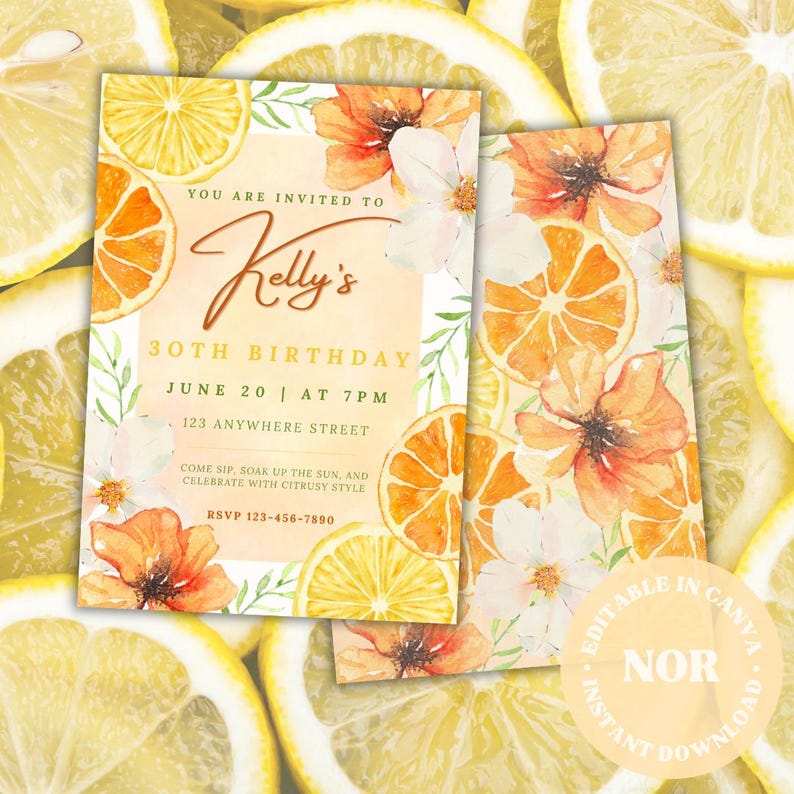 Citrus Birthday Invitation: Watercolor Orange & Lemon Party (editable ...