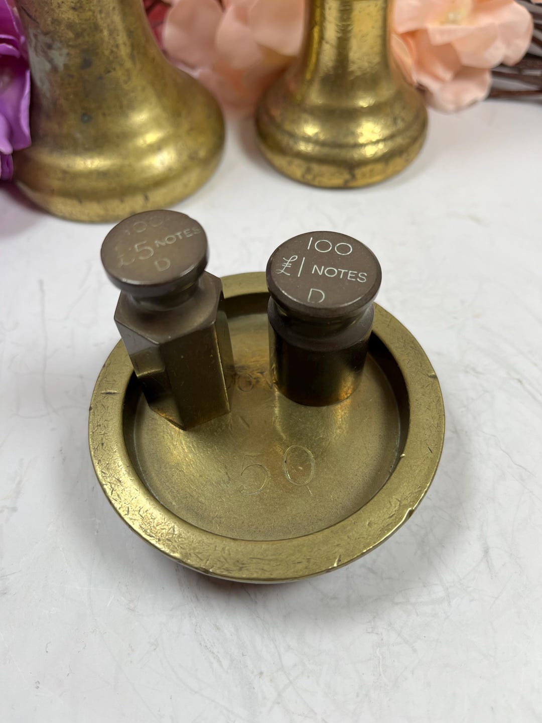 Rare Vintage Brass Imperial Bank Weights – 100 1GBP, 100 5GBP, 50 ...