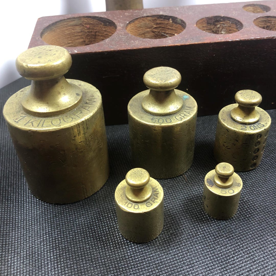 Rare Set of Antique Dutch Cylinder Scientific Weights in Wooden Block ...