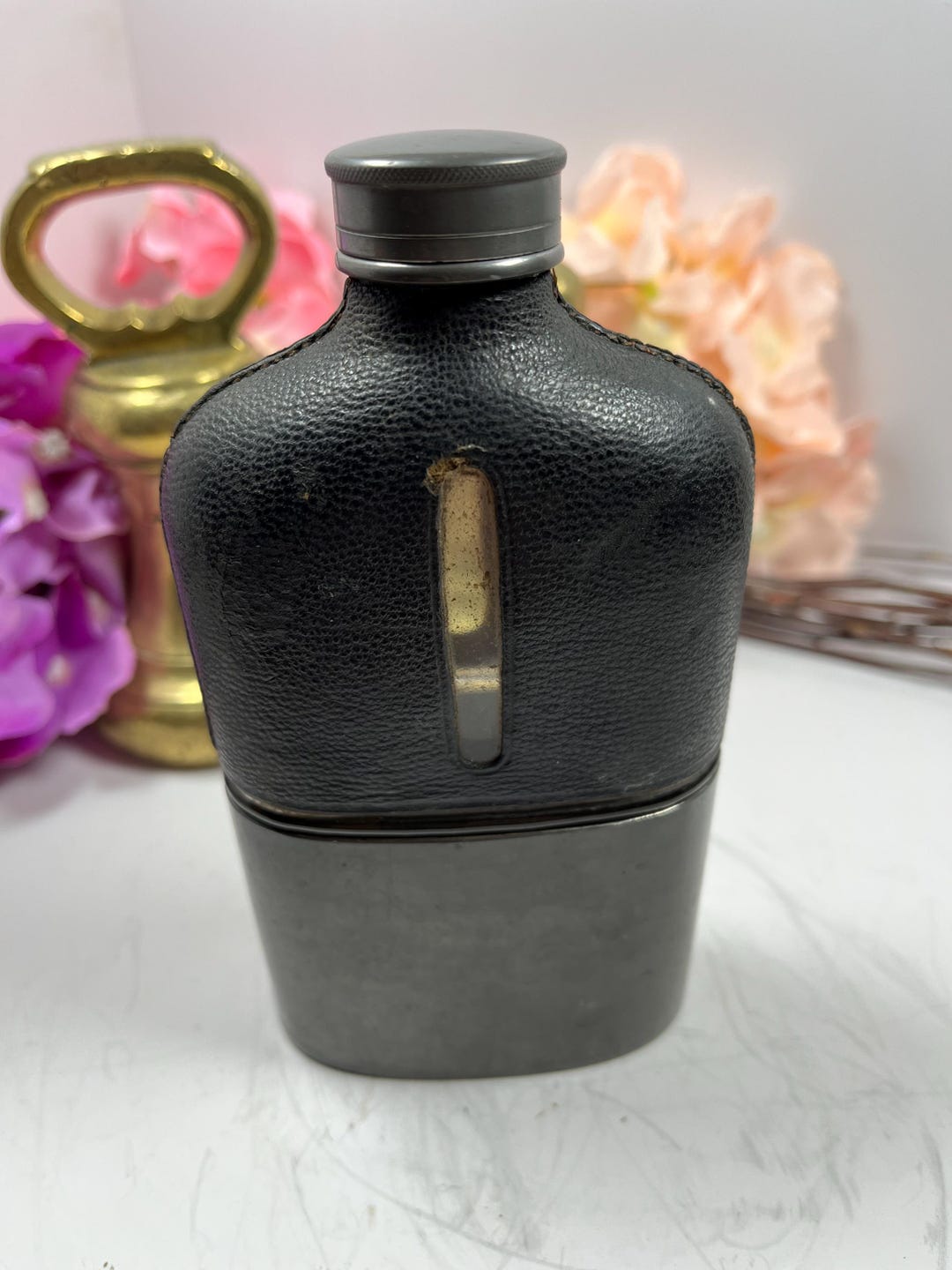 Vintage Leather Pewter Hip Flask Cup | 5.5-inch Gentleman’s Field ...