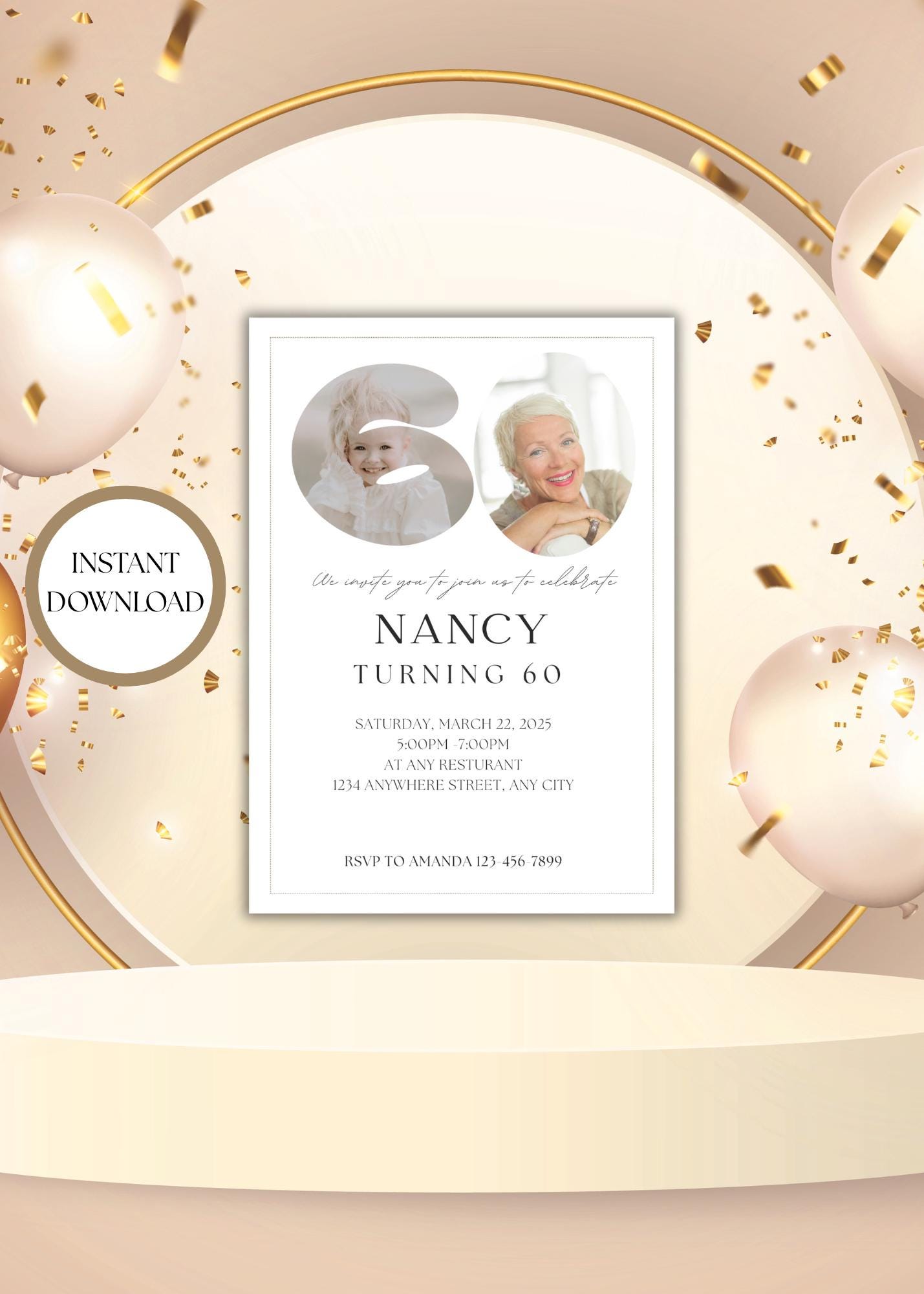 Editable 60th Birthday Invite, Turning Sixty, Personalized Photo of ...
