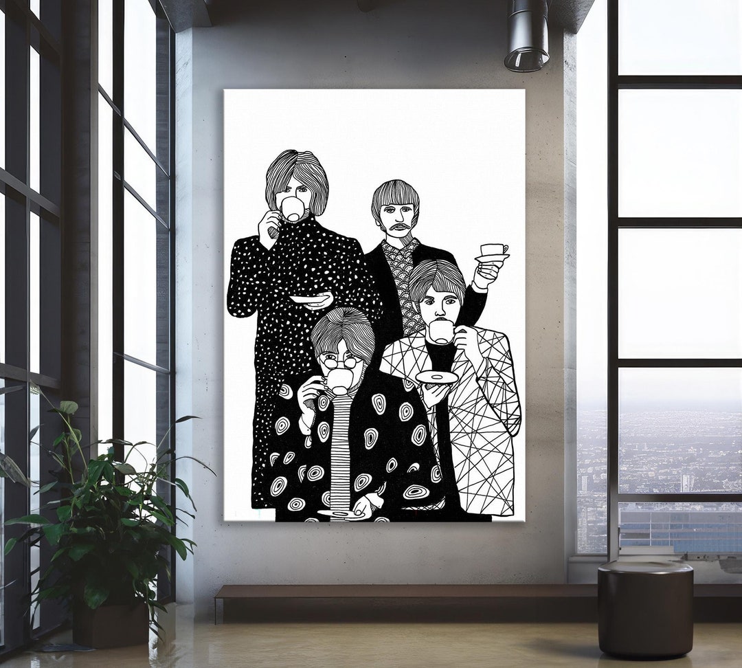 Beatles Line Drawing Canvas Art , the Beatles Drinking Tea Print, Black ...