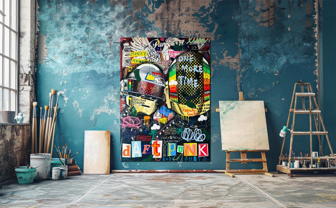 Hand-painted Daft Punk Forever Pop Art Graffiti Painting - Iconic Music Duo Reimagined in Bold ...