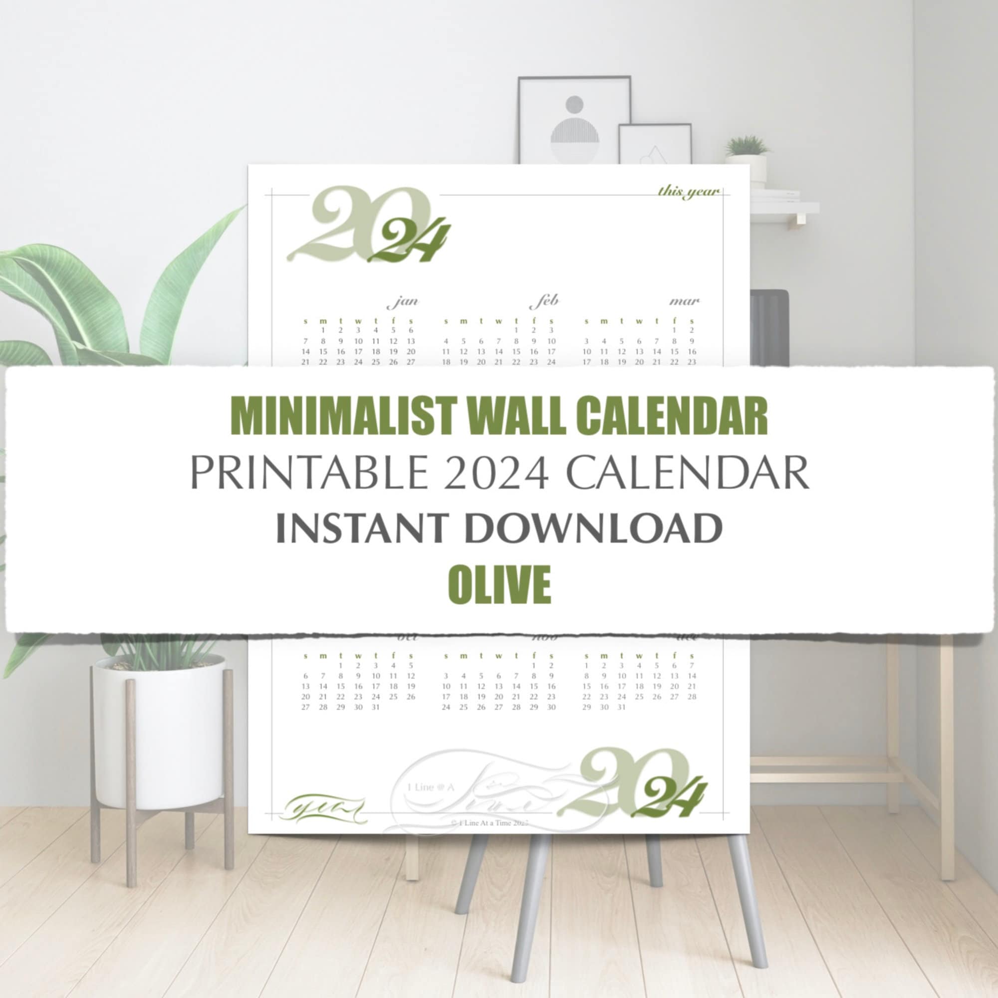 2024 Minimalist Printable Year Calendar Olive Green, Modern Year on One ...