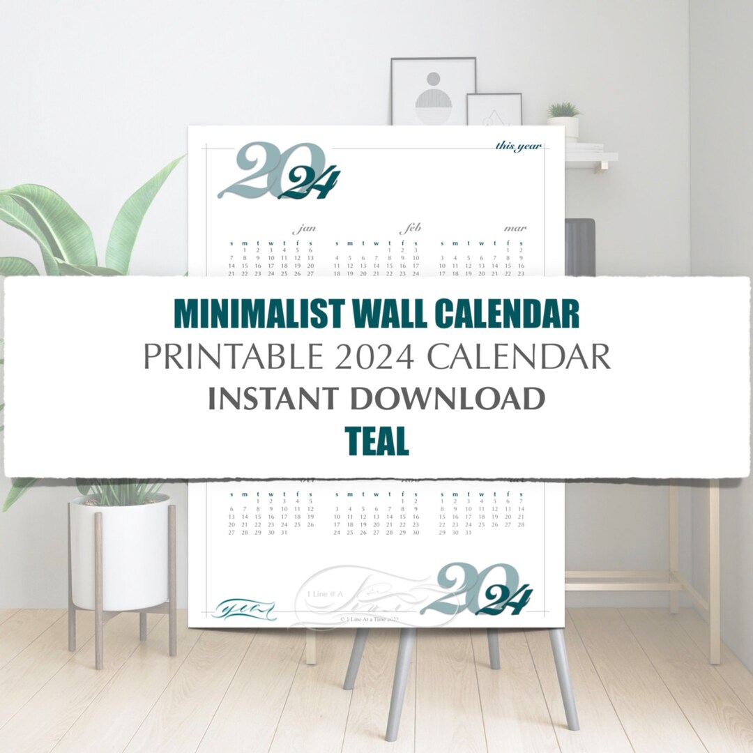 2024 Minimalist Printable Year Calendar Teal, Modern Year on One Page ...