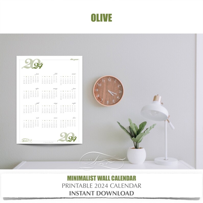 2024 Minimalist Printable Year Calendar Olive Green, Modern Year on One ...
