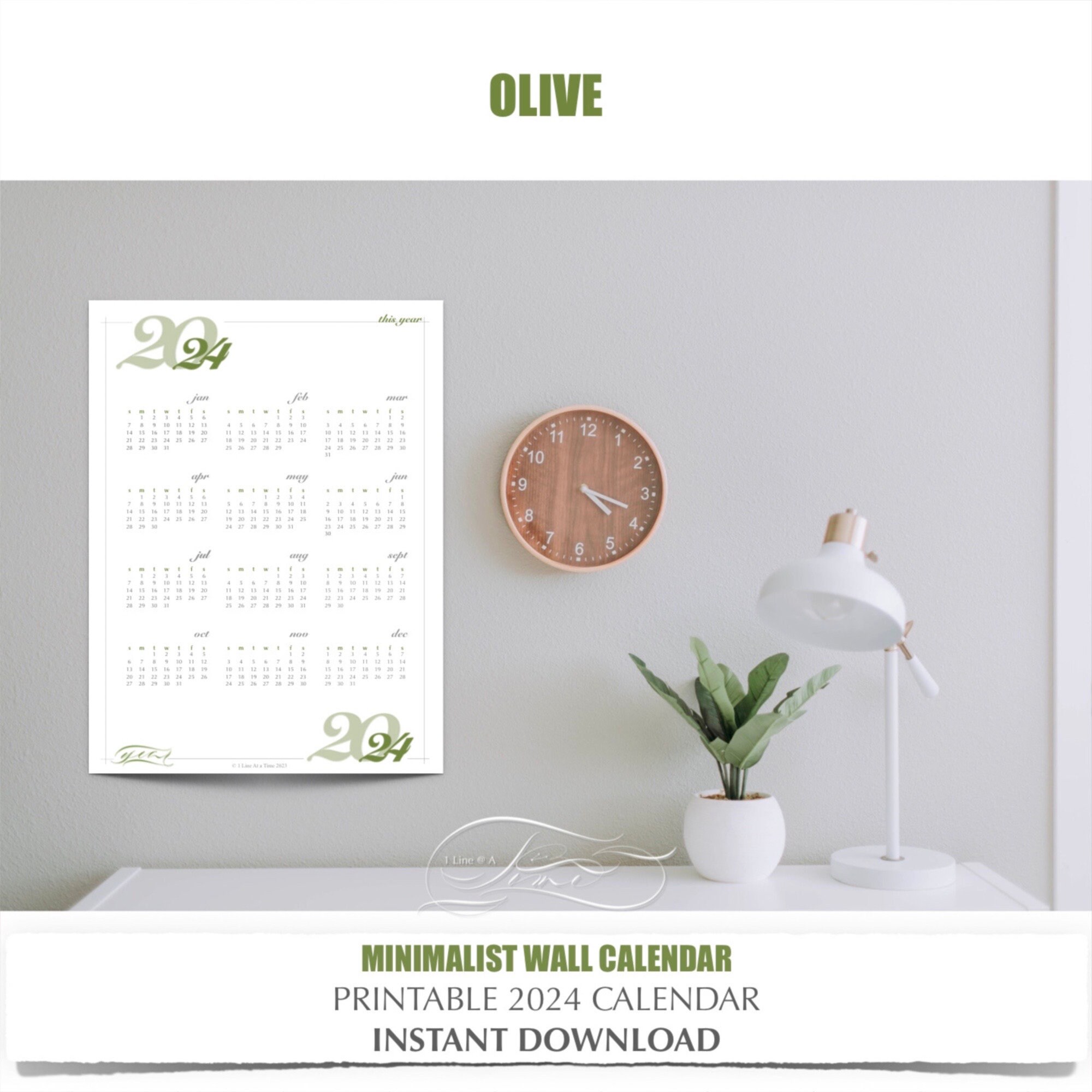 2024 Minimalist Printable Year Calendar Olive Green, Modern Year on One ...