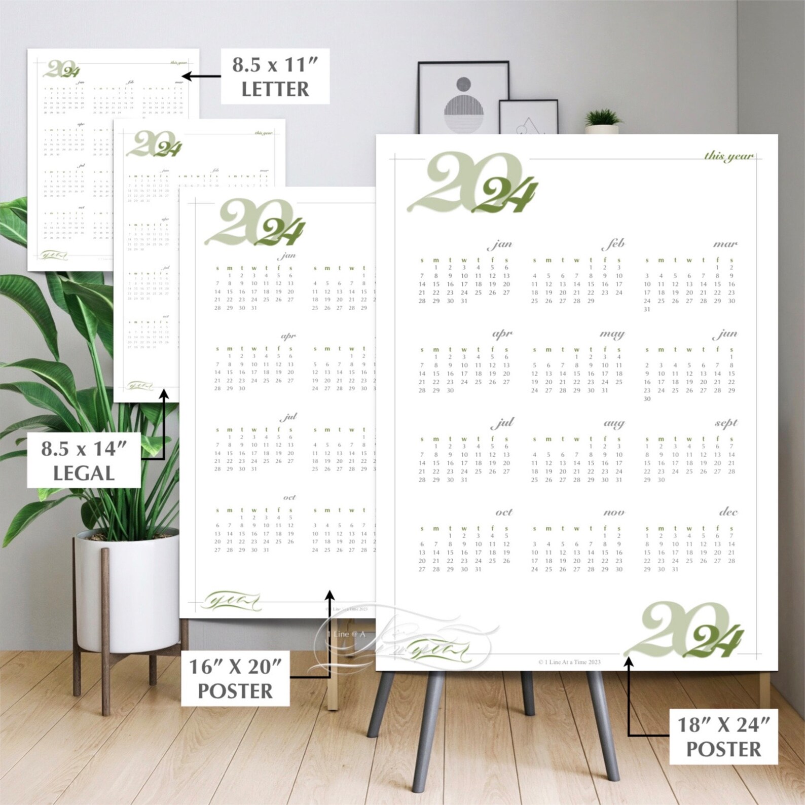 2024 Minimalist Printable Year Calendar Olive Green, Modern Year on One ...