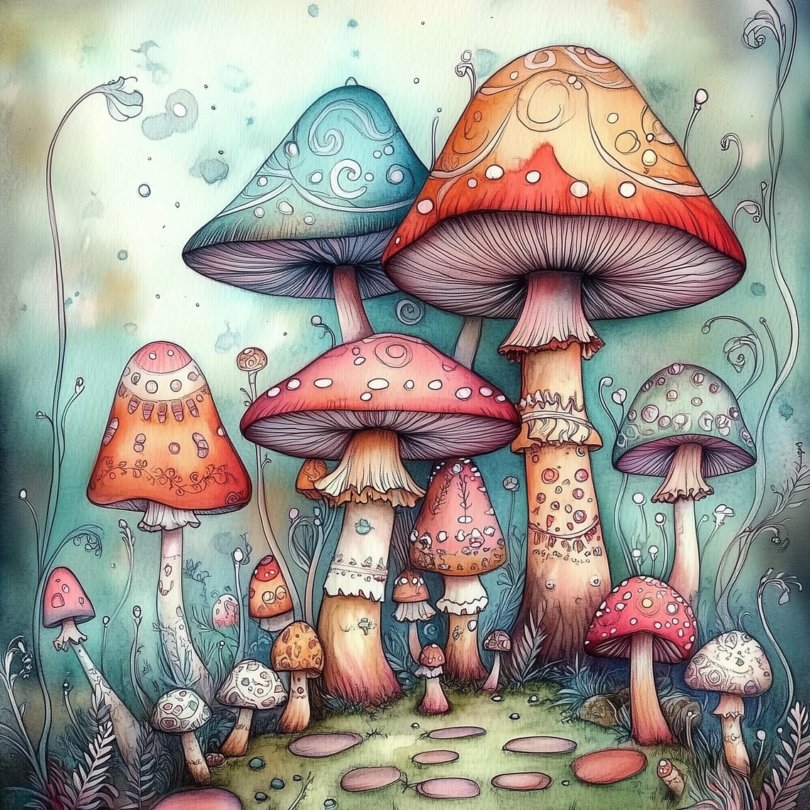 Whimsical Mushroom Forest Clip Art, Watercolor Jpgs (digital Download ...