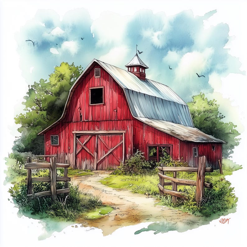 Red Barn Watercolor Clipart, Vintage Style Graphics (digital Download ...