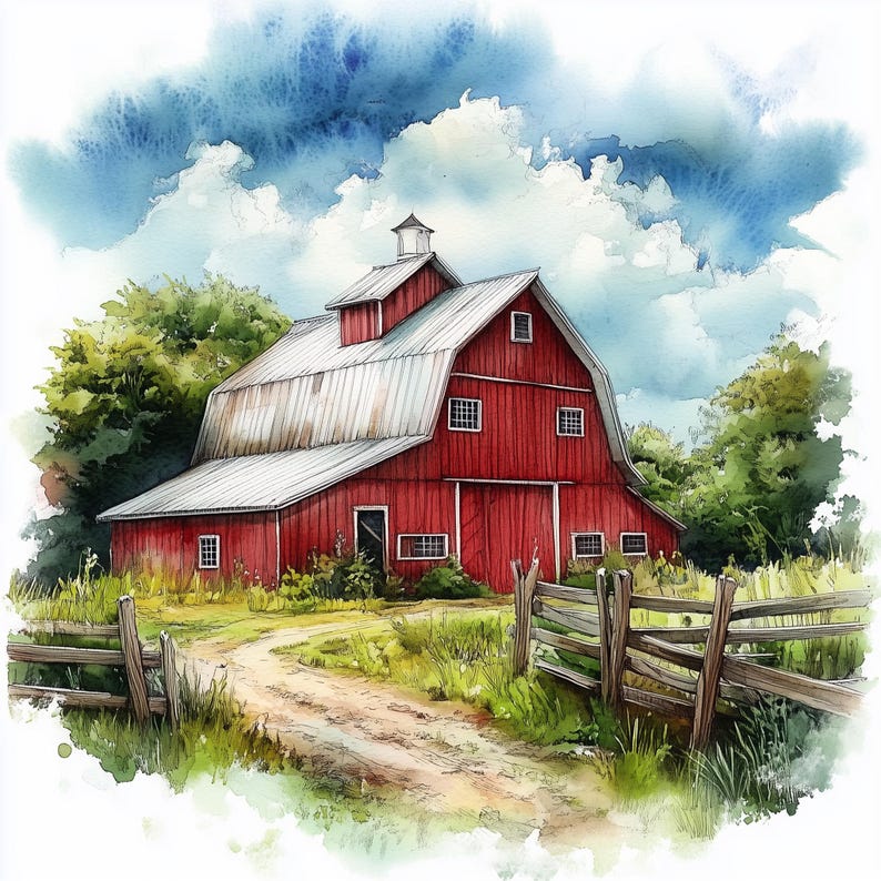 Red Barn Watercolor Clipart, Vintage Style Graphics (digital Download ...