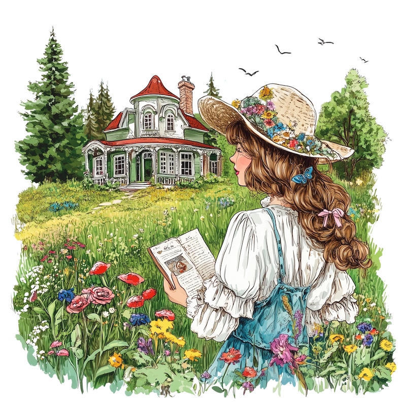 Cottagecore Girl Reading A Book Vintage PNG Clipart, Digital Download ...