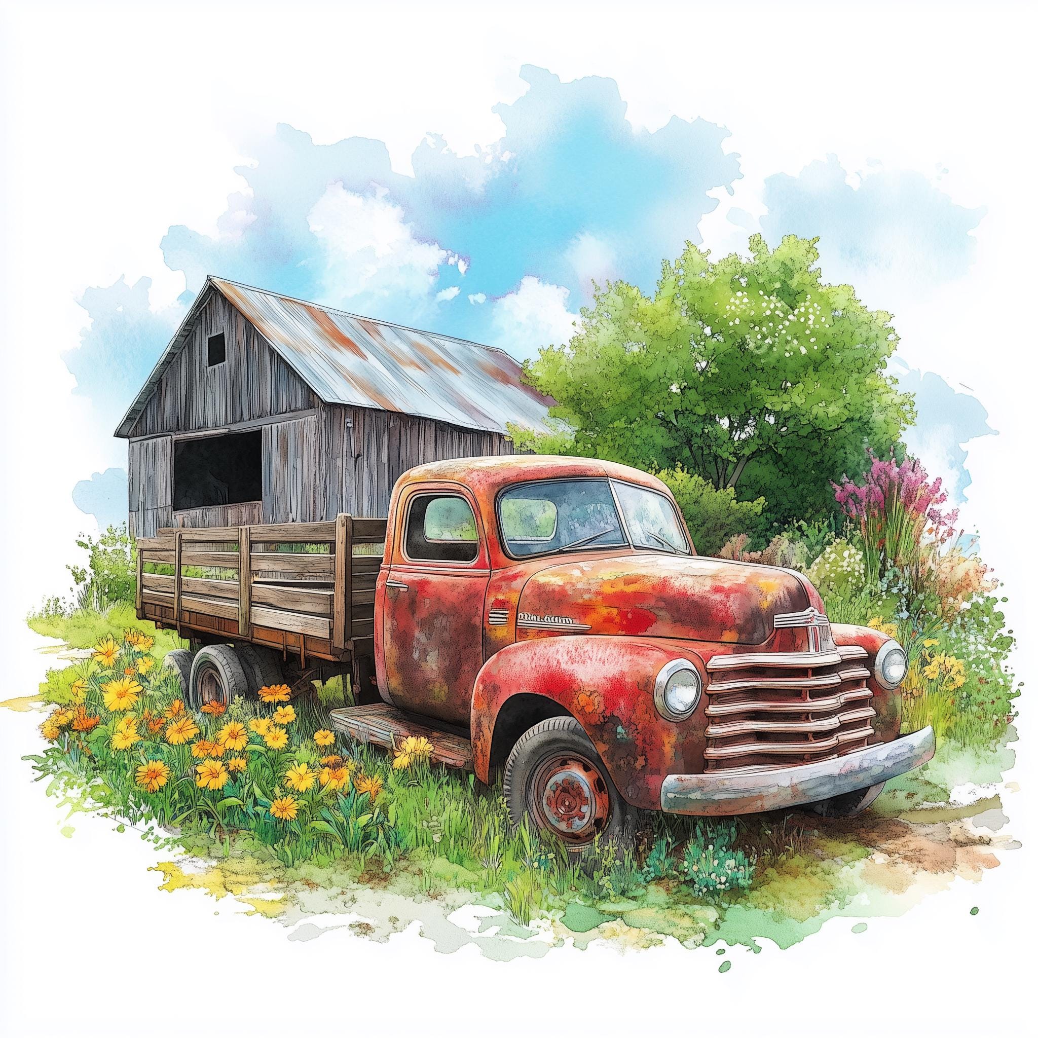 Vintage Red Truck Watercolor Clipart, Farmhouse Barn Jpgs (digital ...