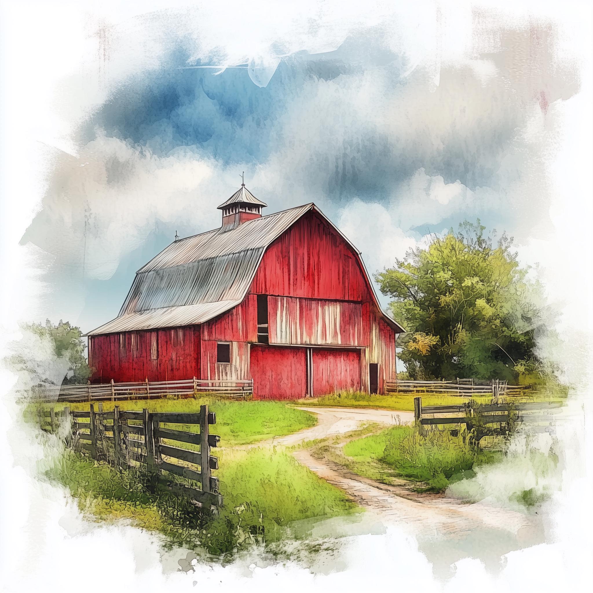 Red Barn Watercolor Clipart, Vintage Style Graphics (digital Download ...