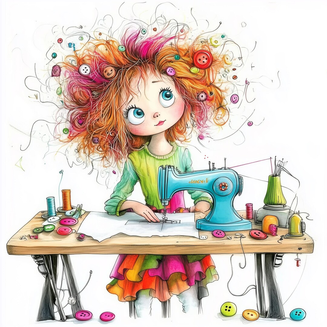 Whimsical Sewing Lady Watercolor Clipart, Junk Journaling (digital ...