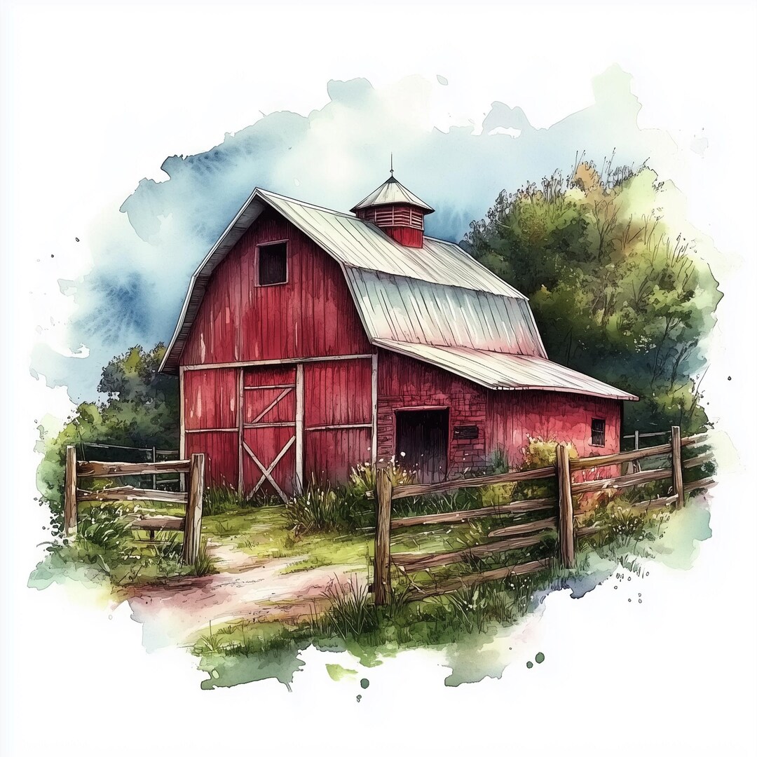 Red Barn Watercolor Clipart, Vintage Style Graphics (digital Download ...