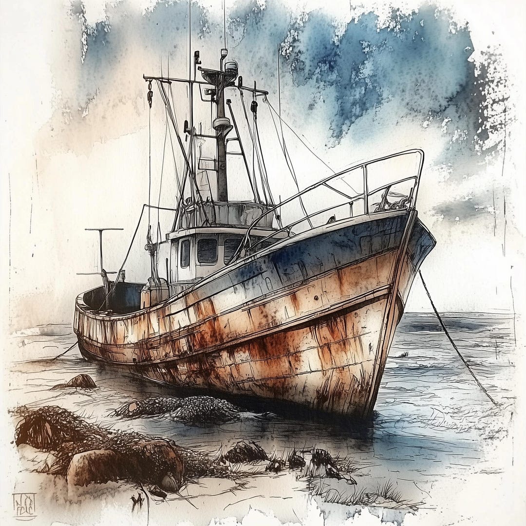 Beach Abandoned Ship Watercolor Jpgs, Nautical Ephemera (digital ...